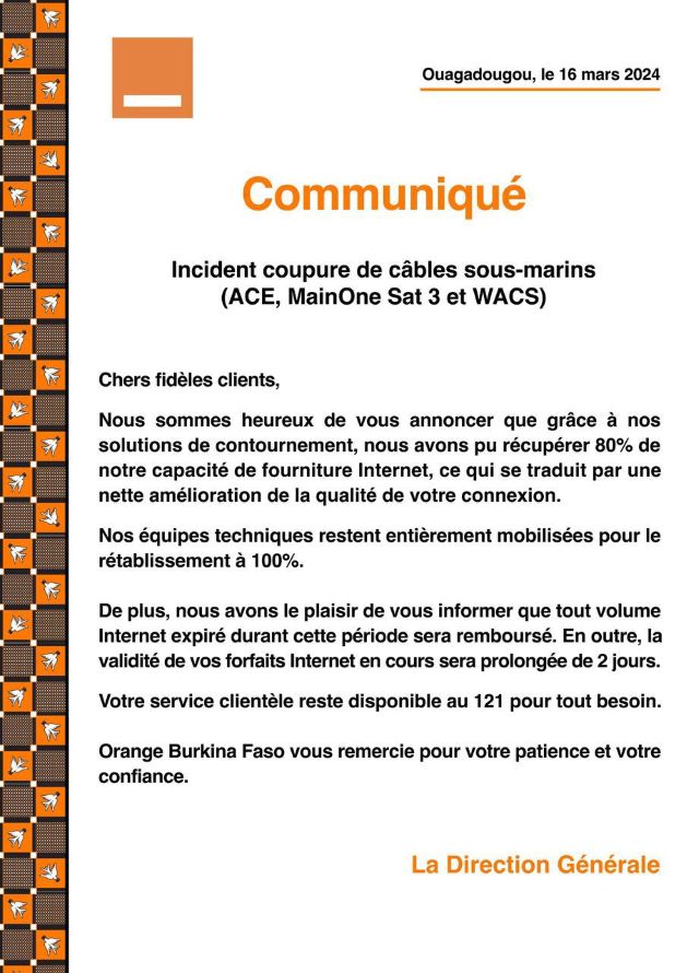 Coupure internet: le réseau Orange rétabli à 80% et bientôt à 100% ...